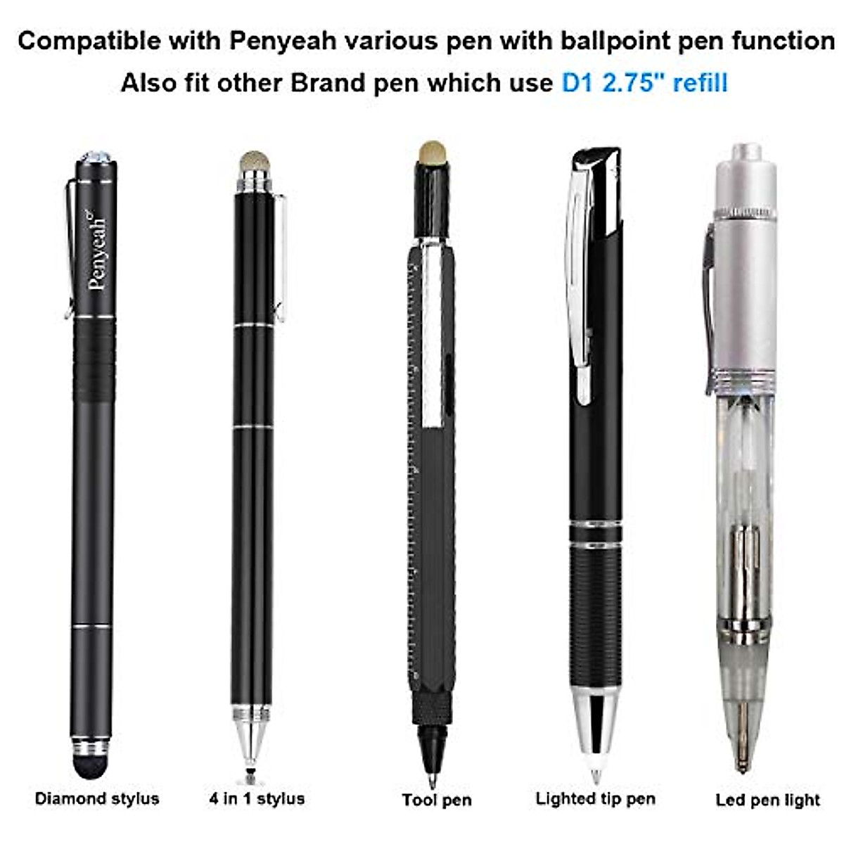 D1/ 2.75" Ballpoint Pen Refills for Penyeah 4-in-1 Stylus/Diamond Stylus/Lighted Tip Pen/Led Pen Light or Other Brands,0.7mm Fine Point (Pack of 12, Blue Ink)