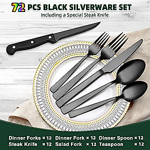 72-Piece Black Silverware Sets for 12 with Steak Knives, CEKEE Stainless Steel Black Flatware Set for 12, Kitchen Utensils Sets for Home Restaurant Hotel, Mirror Polished & Heavy Duty Cutlery Set