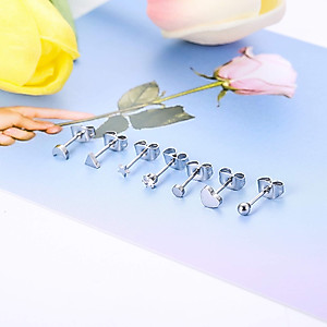 Sllaiss 7 Pairs Tiny Geometric Stud Earrings Set Stainless Steel CZ Ball Heart Star Cartilage Earrings Studs for Women Helix Ear Piercing Set With Gift Box