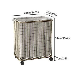 TPTBON Laundry Basket with Removable Inner Bag, Metal Wire Frame Laundry Hamper, Laundry Basket on Wheels, Dirty Clothes Hamper Organizer Storage for Bedroom, Bathroom(Gold,Square)