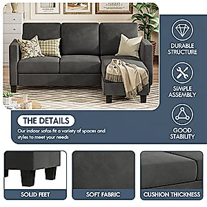 Acurax Convertible Sectional Sofa Couch with Modern Linen Fabric, 3 Seat L-Shaped Sofas with Movable Ottoman, for Living Room and Small Apartment, Deep Gray