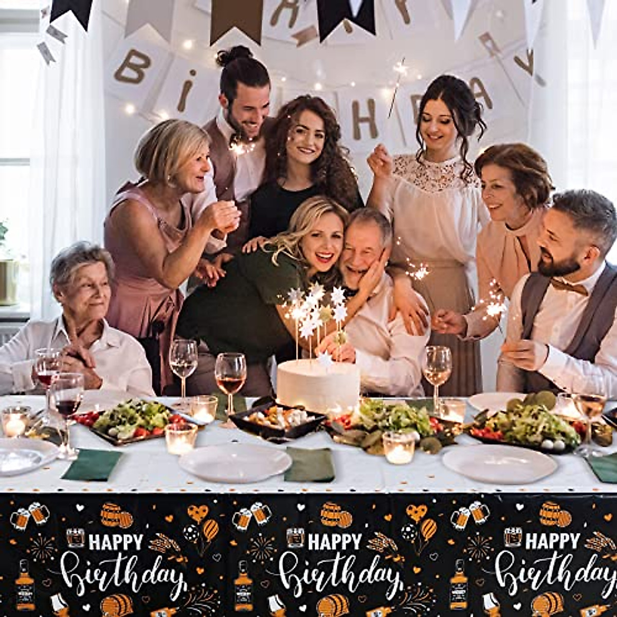 3 Pieces Whiskey Birthday Tablecloth Whiskey Cheer Happy Birthday Table Cover Beer Tablecloth Whiskey Birthday Party Decorations for Men Birthday Beer Theme Parties, 54 x 108 Inches