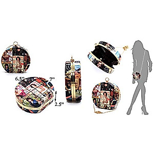Amy & Joey Glossy Magazine Cover Collage Michelle Obama Printed Round Hard Clutch Bags With Chain Shoulder Strap (Multi)