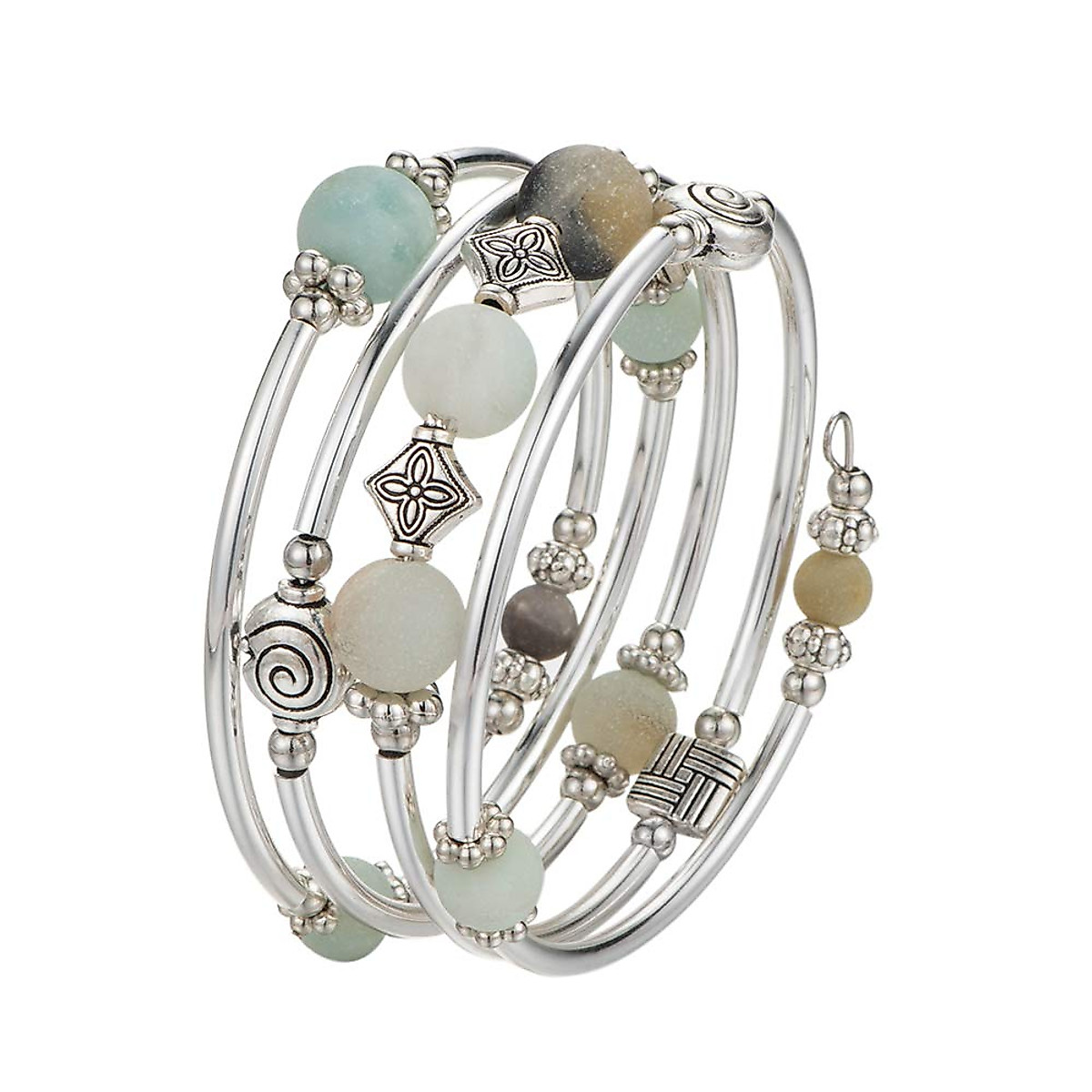 Beaded Pearl Bangle Wrap Bracelet - Fashion Bohemian Jewelry Multilayer Charm Bracelet with Thick Silver Metal Beads, Gift For Women (Green)