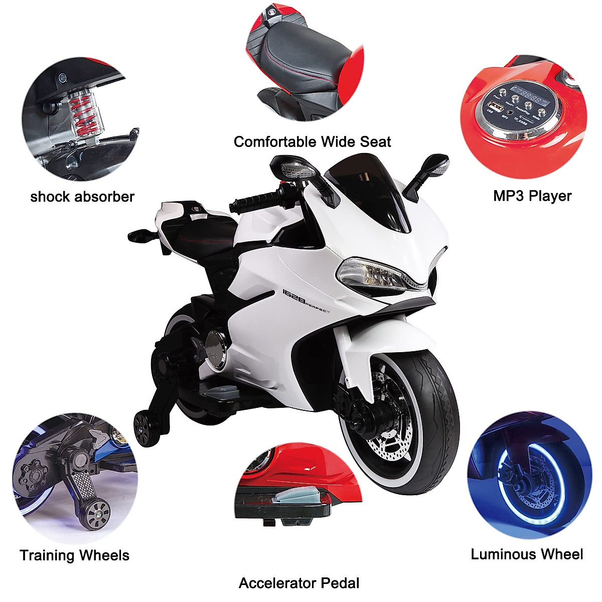 Ride On Toys Kid Motorcycle 12V 7AH Battery with Slow Start Function, Safety, High and Low Speed,Leather Seat Plastic Wheels with LED Lights, Have MP3 Player Function (White)