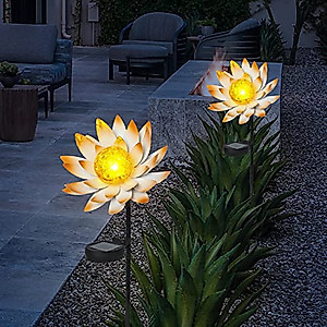 NAN ZAI NAN FANG Solar Lights Outdoor Garden Decor, 2 Pack Crackle Globe Glass Metal Solar Lotus Lights, Waterproof Solar Lotus Stake Light for Patio,Lawn,Yard,Walkway,Pathway(Yellow)