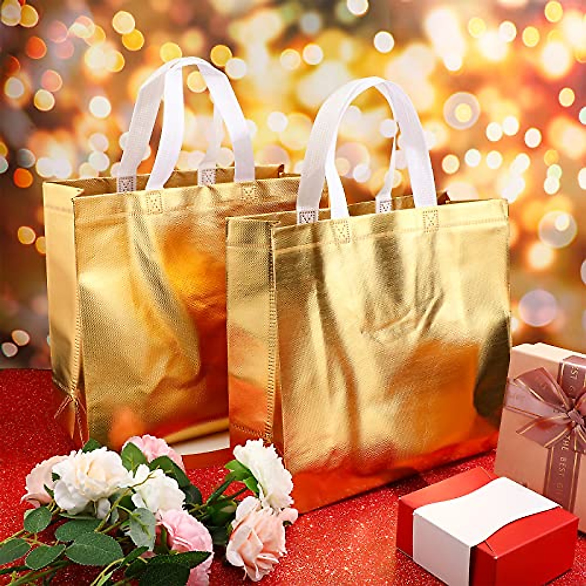 30 Pieces Glossy Reusable Grocery Bag Gift Bags with Handles for Wedding (Gold,12.6 x 4.72 x 11.02 Inch)