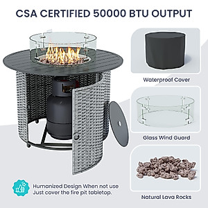 UDPATIO Patio Furniture Set with Fire Pit Table,Integrated Outdoor Sectional 11 Pieces Rattan Modular Curved Sofa Set with Propane Fire Pit,Wicker Side Table,6 Pillows,Fit for Backyard,Poolside(Grey)