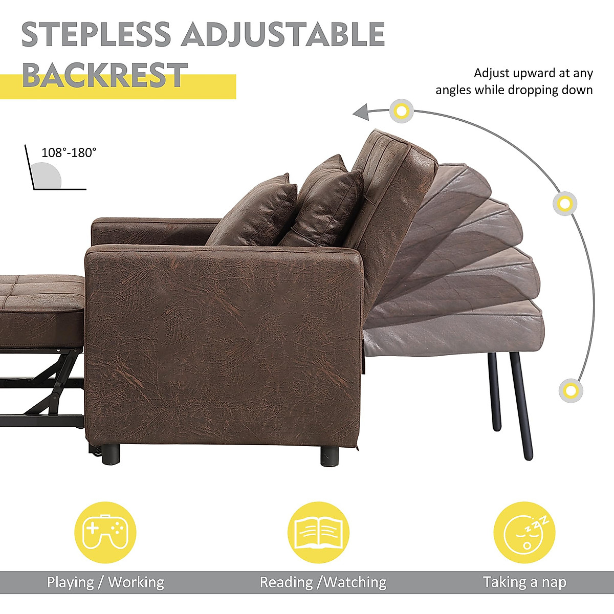 Convertible Sofa Bed, Sleeper Sofa with Adjustable Backrest, Armchair, Sofa, Bed, 3 in 1 Sleeper Chair, Single One, Brown