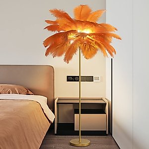 VORDERRY Natural Ostrich Feather Floor Lamp Gold Feather Floor Lamp for Living Room Decor Corner Floor Lamp with Feather lampshade Dimmable Floor Standing Lamp for Bedroom Study Office (Orange)
