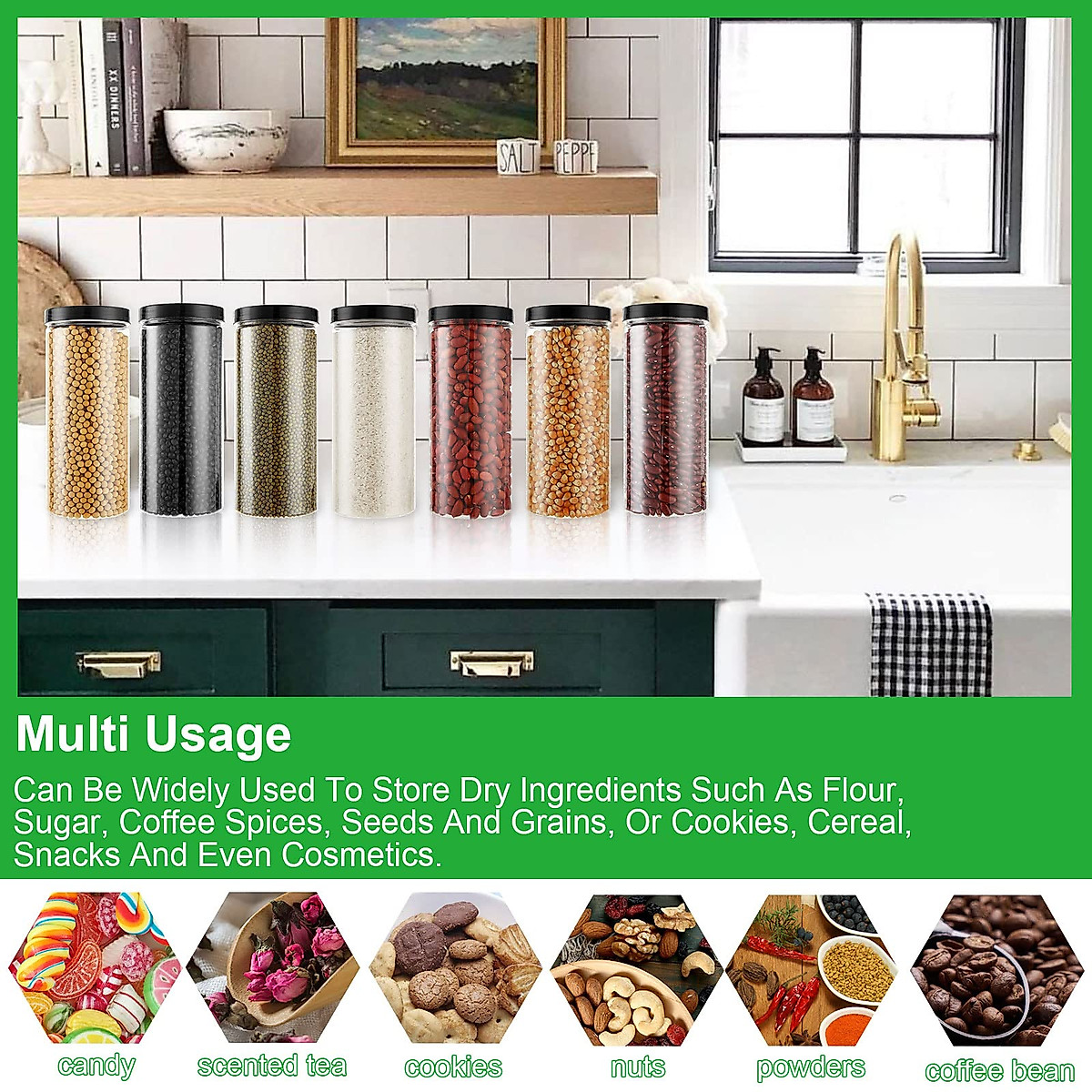 LISHINE 8 Pack 32 oz Plastic Jars with Lids Clear Airtight Food Storage Jars with Lids Reusable Round Empty Plastic Cylinder Container with Black Lids for Kitchen Food & Home Storage of Cookie