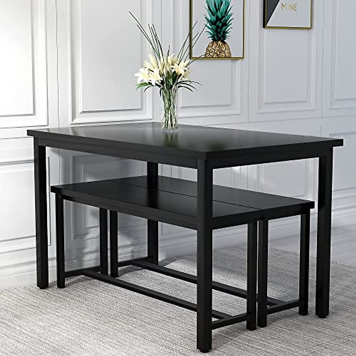 AWQM Dining Table Set for 4, Kitchen Table Set with 2 Benches, 47.2Inch 3-Piece Dining Room Table Set with Metal Frame and MDF Board, Sturdy Structure, Space-Saving, Black