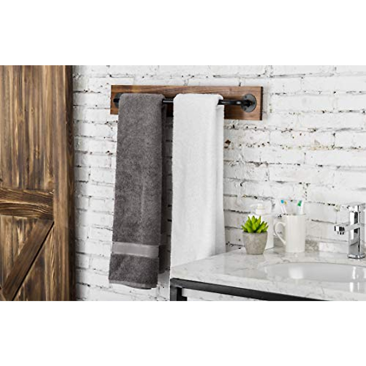 MyGift Rustic Burnt Wood Bathroom Towel Bar with Metal Rod, Wall Mounted Bath Towel Rack