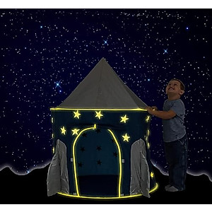 FoxPrint Rocket Ship Tent - Space Themed Pretend Play Tent - Space Play House - Spaceship Tent For Kids - Foldable Pop Up Star Play Tent Blue