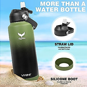 Vmini Water Bottle with Straw, Insulated Water Bottle with Straw and Boot, Stainless Steel Water Bottle for Sports and Travel - Insulated Thermos for Men, Women & Kids (32 oz Olive Green/Black)