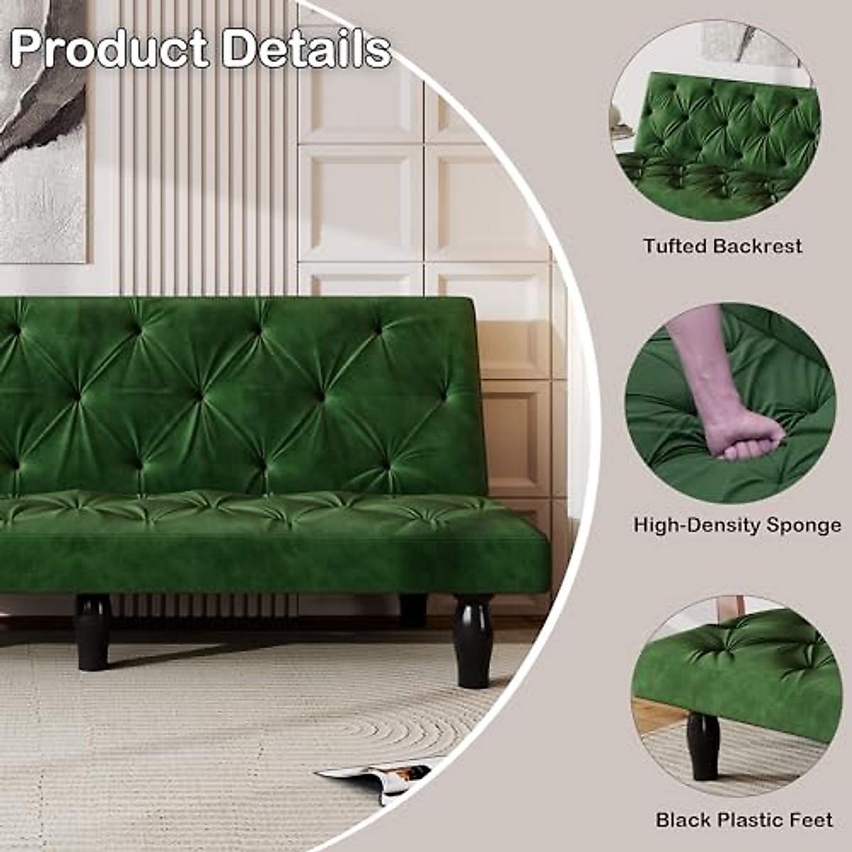 Livavege Convertible Futon Sofa Bed, 66" Velvet Upholstered Sleeper Couch Daybed with Adjustable Backrest for Studio, Apartment, Office, Small Space, Compact Living Room, 66 INCH, Green
