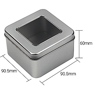 6-Pack of 8 Ounce Metal Box Square Rectangle Storage Tin Container Set with Large Clear Window Lids 3.6 x 3.6 Inches base x 2.4 inches tall
