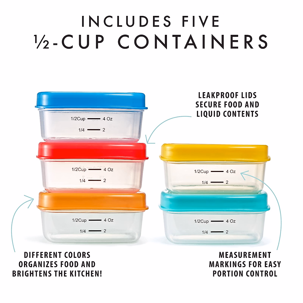 Fit + Fresh 1/2-Cup Snack Set, Condiment & Salad Dressing Containers, Reusable & Leakproof Lunch Containers, Perfect for Insulated Lunch Bag, Lunch Box & More, 5PK, Multicolor