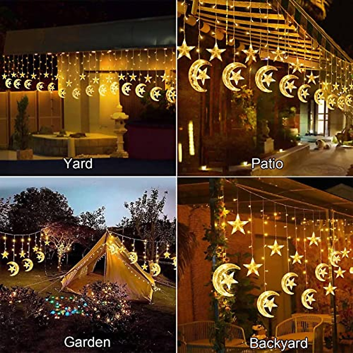 Janchs Solar String Lights Outdoor Ramadan Eid Decorations, 8 Modes Waterproof 138LED Solar Powered Star Moon Curtain Lights Window Fairy Lights for Backyard Garden Patio Home Christmas Ramadan Decor