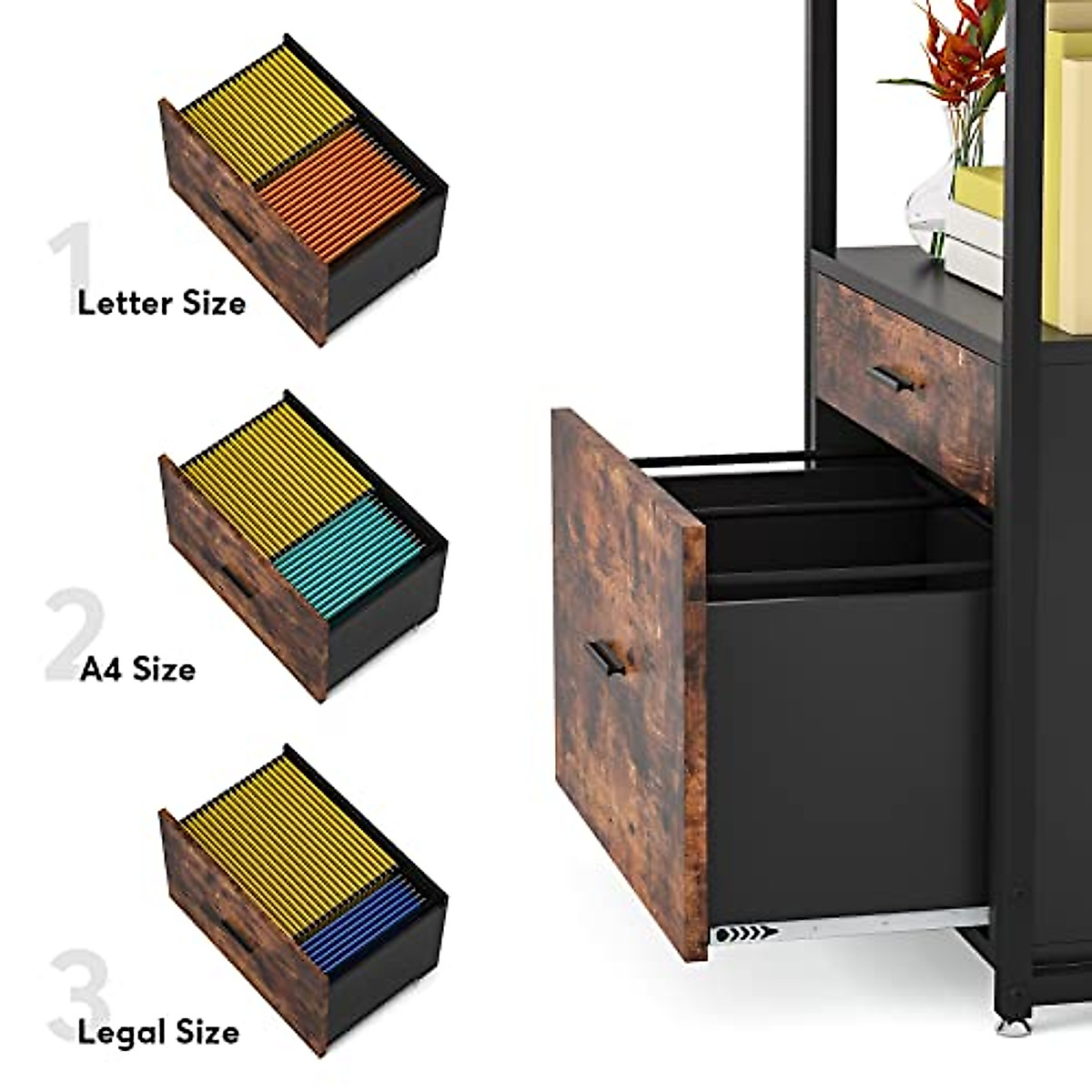 Tribesigns Bookcase Bookshelf, 4-Tier Modern File Cabinet with 2 Drawers, Lateral Filing Cabinet accommodate Legal/Letter / A4 Size for Home Office Organizer