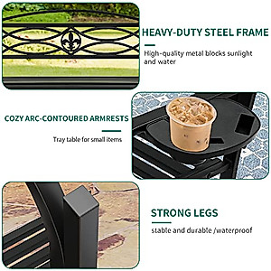 YITAHOME Outdoor Bench 50" Metal Bench with Cup Holder Spear Pattern Patio Bench with Backrest and Armrest for Porch Lawn Balcony Backyard and Indoor Black