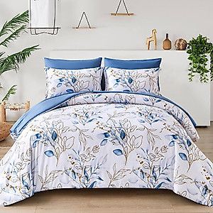 Blue Botanical Duvet Cover Set Queen, 3 Pieces Reversible Blue Gold Leaves Printed Bedding Set with Zipper Closure, Soft Microfiber Flower Duvet Cover Queen 90"x90"(Not Comforter)