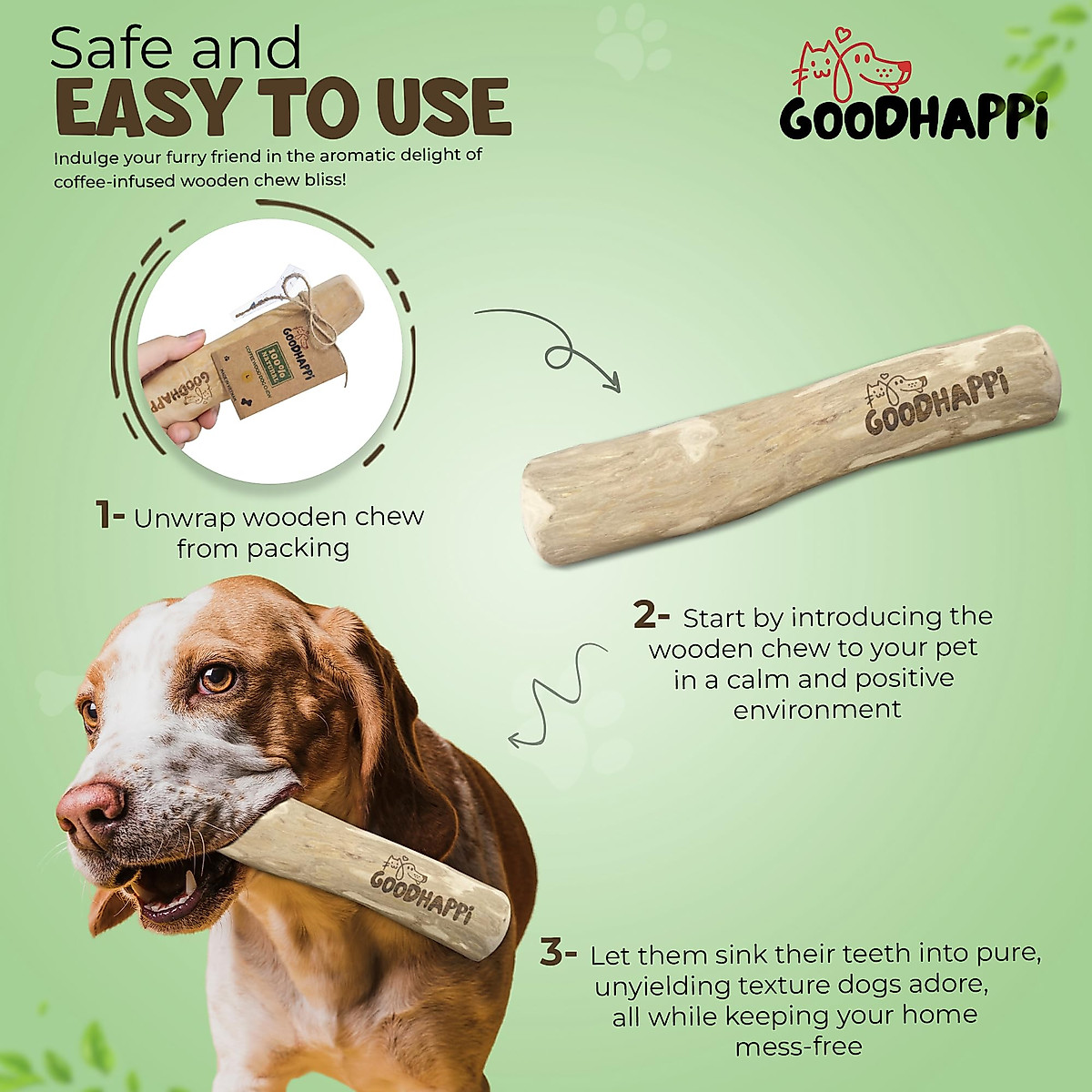 GOODHAPPI Natural Coffee Wood Dog Chew - Safe Wood Chews for Dogs, Perfect Chew Toys for Puppies 0-6 Months, Durable Coffee Stick Teething Toy for Puppies - Pack of 2 PCS