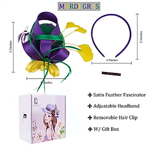FELIZHOUSE Mardi Gras Fascinator Hats for Women Ladies Feather Cocktail Party Hats Bridal Headpieces Ascot Fascinator Headband (Satin Mardi Gras)