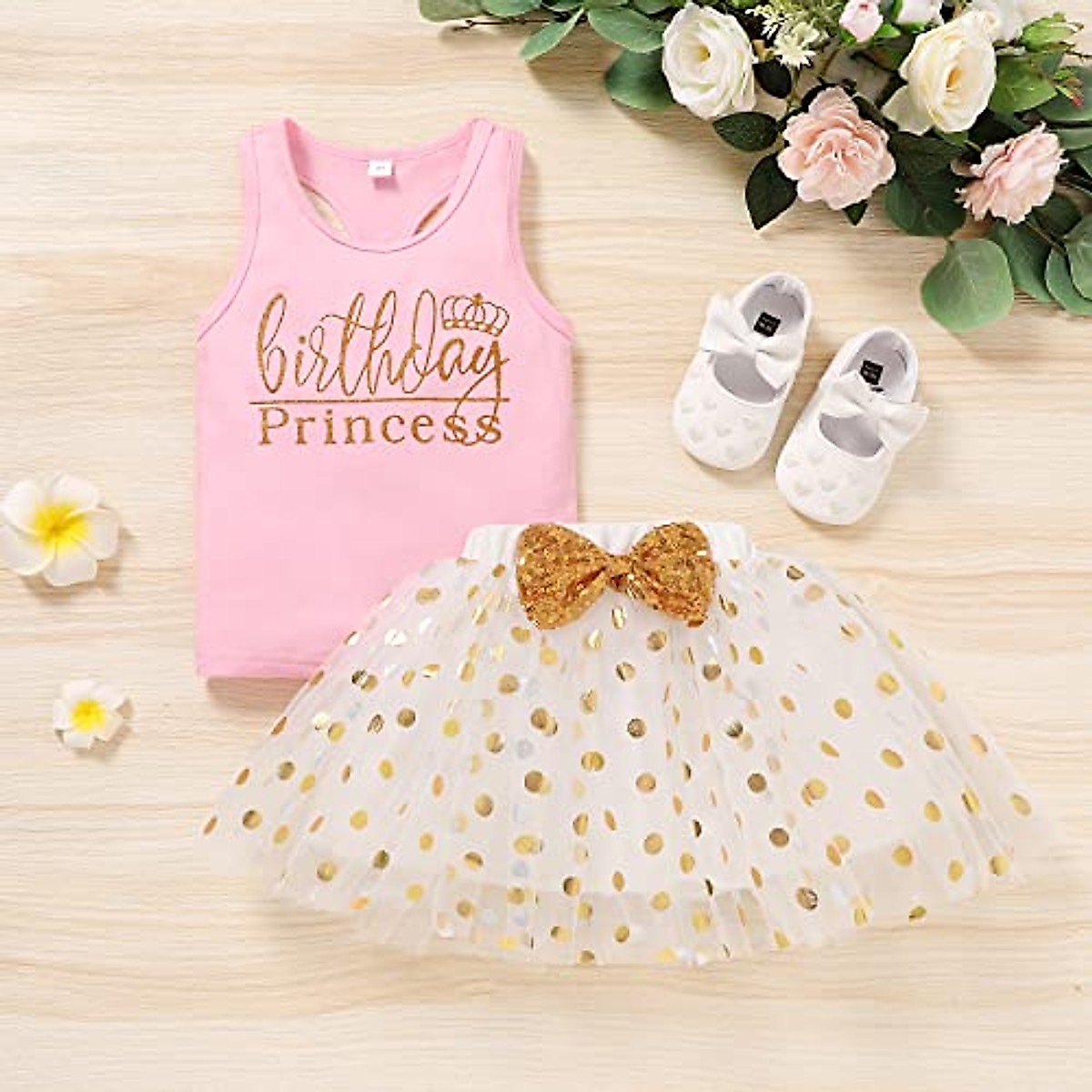 HAPPYMA Toddler Kids Baby Girls Birthday Outfits Princess Vest Sleeveless Tank Top + Dot Bubble Mesh Skirt 2Pcs Summer Set (Pink, 3-4 Years)