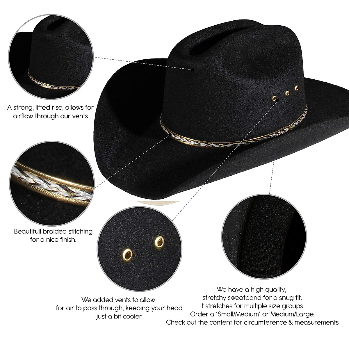 Enimay Western Cowboy & Cowgirl Hat Pinch Front Wide Brim Style (Small | Medium, Faux Felt Black)