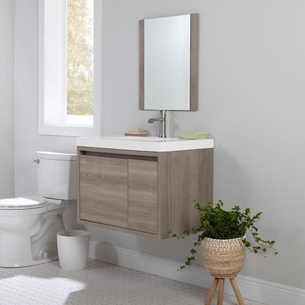 Spring Mill Cabinets Kelby 30 Inch Modern Floating Bathroom Vanity with White Single Sink Top, 1-Door Cabinet, 1 Soft-Close Drawer, 30.5" W x 18.75" D x 22.25" H, Forest Elm