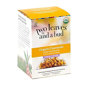 Two Leaves and a Bud Organic Chamomile Herbal Tea Bags, Naturally Caffeine Free, Whole Leaf Chamomile Tea in Compostable Sachets, 15 Count (Pack of 1)