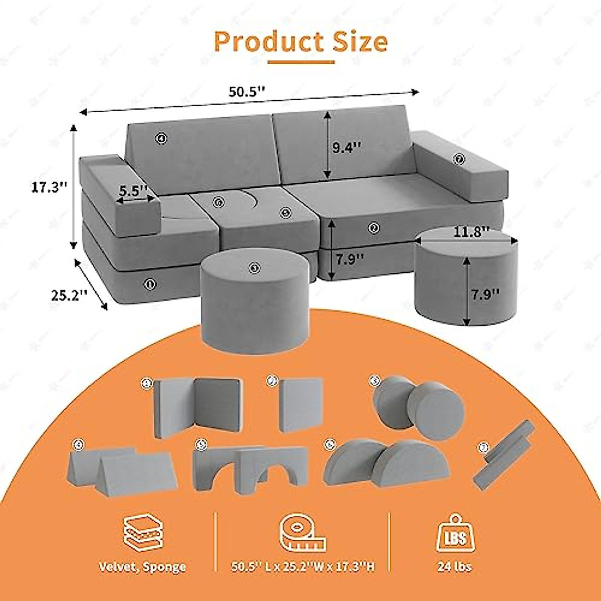 Kids Couch 13PCS, Modular Toddler Couch with 2 Ottomans, Fold Out Kids Couch for Playroom Bedroom, Modular Kids Couch for Boys and Girls, Kids Play Couch for Kids(50.5"L×25.2"W×17.3"H) (Gray, M)