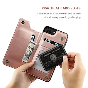 for iPhone 7 Plus/8 Plus Wallet Case with Card Holder,OT ONETOP Premium PU Leather Kickstand Card Slots Case,Double Magnetic Clasp and Durable Shockproof Cover 5.5 Inch(Rose Gold)