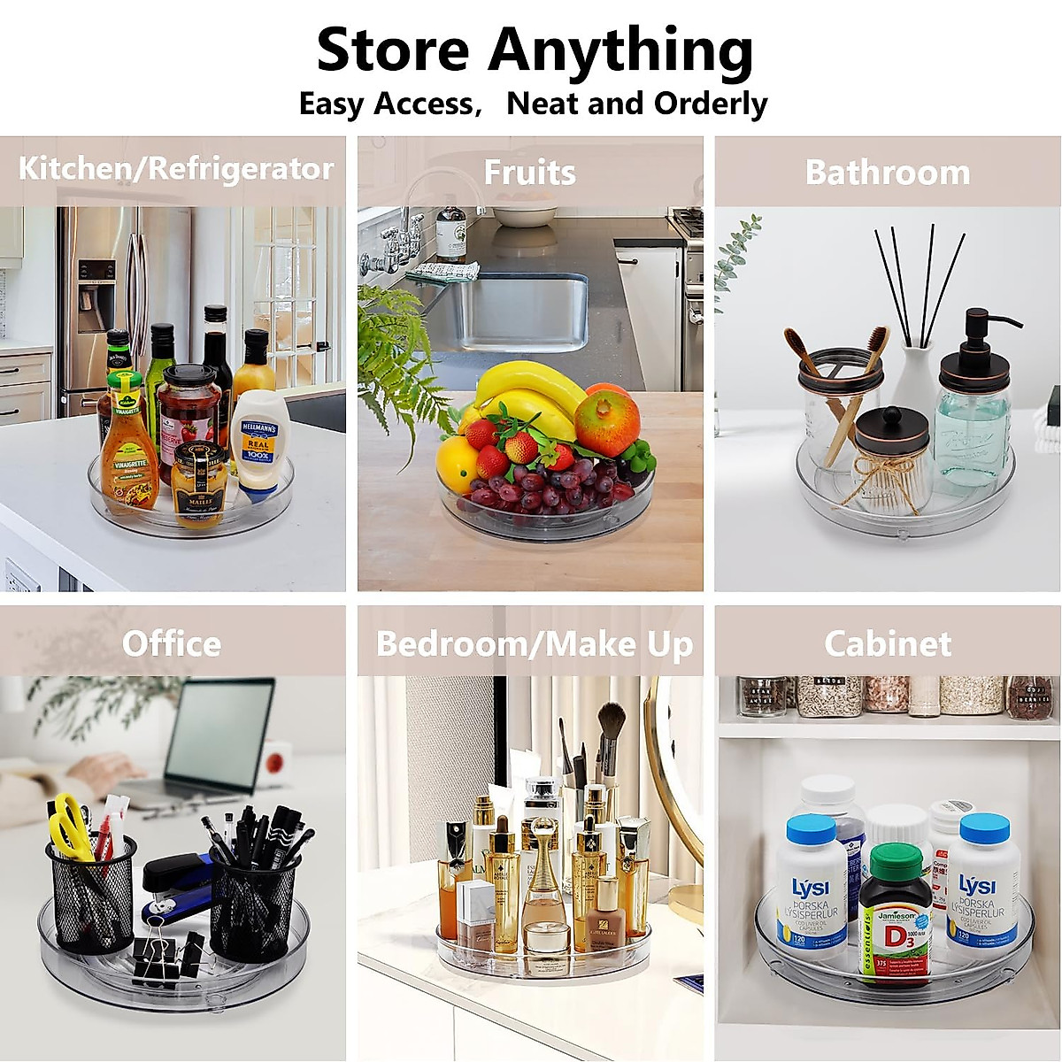 Lazy Susan Rotating Turntable Food Storage Container for Cabinets, Pantry, Fridge, Countertops,Vanity,BPA Free - Spinning Organizer for Spices, Condiments - 9" Round , Clear-2 Pack