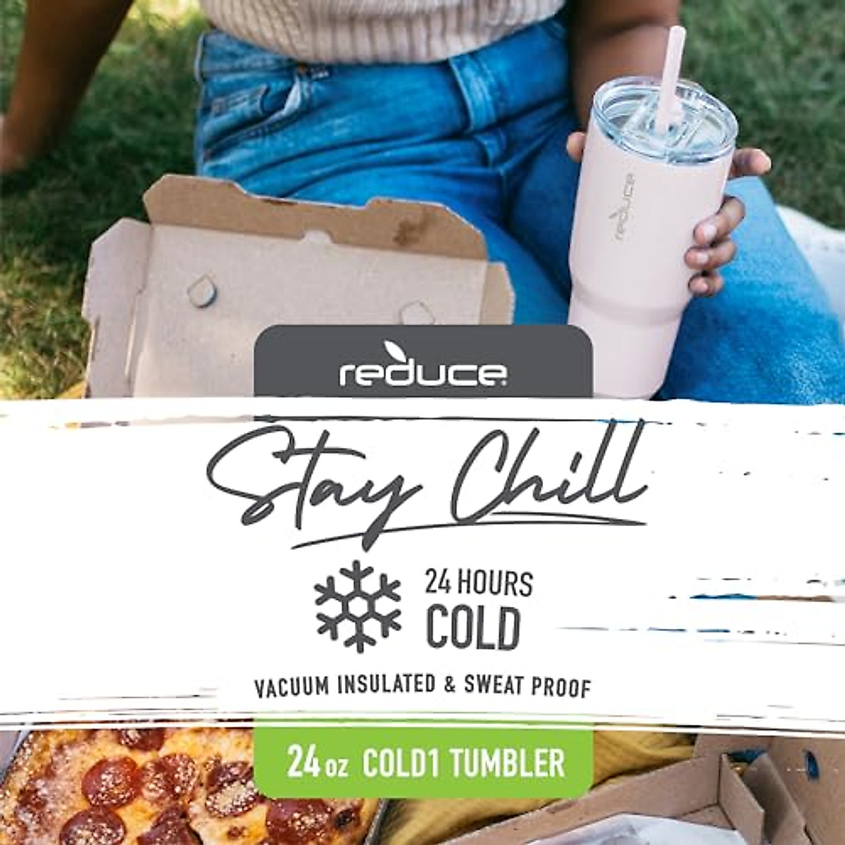 REDUCE Cold1 24 oz Tumbler with Lid and Straw - Dual-Wall Vacuum Insulated Stainless Steel Tumbler - Keeps Drinks Cold up to 24 Hours - Inner Ounce Markings to Track Hydration - OG Sea Glass