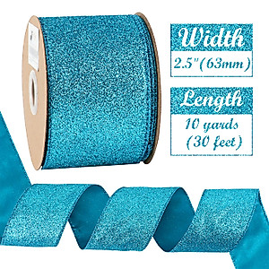 HUIHUANG Turquoise Christmas Ribbon 2-1/2" Sparkle Metallic Glitter Wired Ribbon for Tree, Bows Making, Wreath Supplies, Gift Wrapping, Garland, Home Decor, Crafts -10 Yards