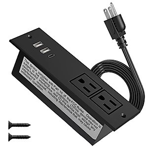 Eyuetech Conference Recessed Power Strip Socket 9.8Ft Cord, Desktop Power Grommet with 2-Outlet & 3 USB Ports (1 USB C), Wall Mount for Home, Office and More, ETL Listed
