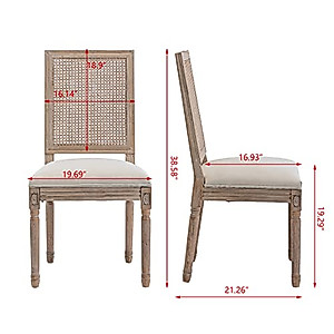 French Dining Chairs Set of 2, 2 Pack Vintage French Dining Chairs Set, Wood Frame Linen Fabric Seating Chairs with Painting Rattan Back, Living Room Chairs with Wood Legs, Easy Assembly, Cream