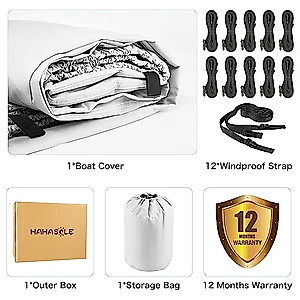 HAHASOLE Heavy Duty 800D PU Waterproof Boat Cover, 14'- 16' Trailerable Marine Grade Polyester Canvas, Fits 14-16ft V-Hull, Runabout, Fishing Boat, Tri-Hull, Pro-Style Bass Boat with Tightening Strap