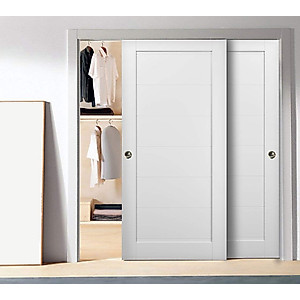 SARTODOORS Sliding Closet Bypass Doors 56 x 80 with Hardware | Quadro 4115 White Silk | Sturdy Top Mount Rails Moldings Trims Set | Kitchen Wooden Solid Bedroom Wardrobe Doors