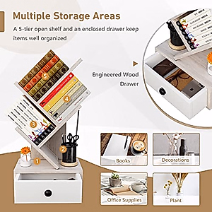 Giantex 5-Tier Tree Bookshelf with Drawer - Freestanding Retro Small Book Storage Rack for Small Place, Kids Room Wooden Decorative Bookcase with Storage for CDs, Magazines, Books, Beige