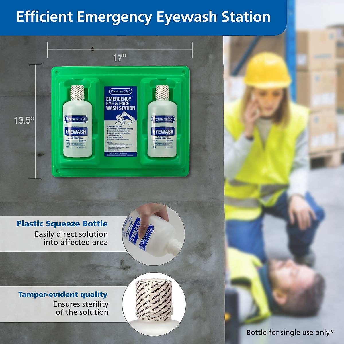 PhysiciansCare Wall-Mountable Eyewash Station with 2 Bottles of Eye Wash Solution, 32 oz Each