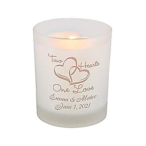 Personalized Two Hearts Gold Votive Candle Holders, Set of 12 Votive Holders with 12 Personalized Stickers - Wedding and Engagement Favors for Guests