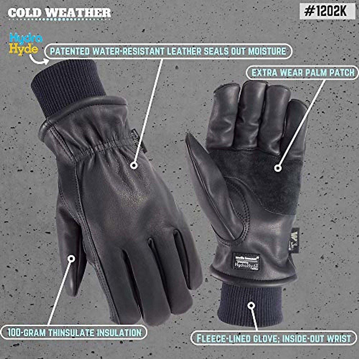 Wells Lamont Men's Black HydraHyde Leather Winter Work Gloves | Water-Resistant | Insulated | Large (1202LK)