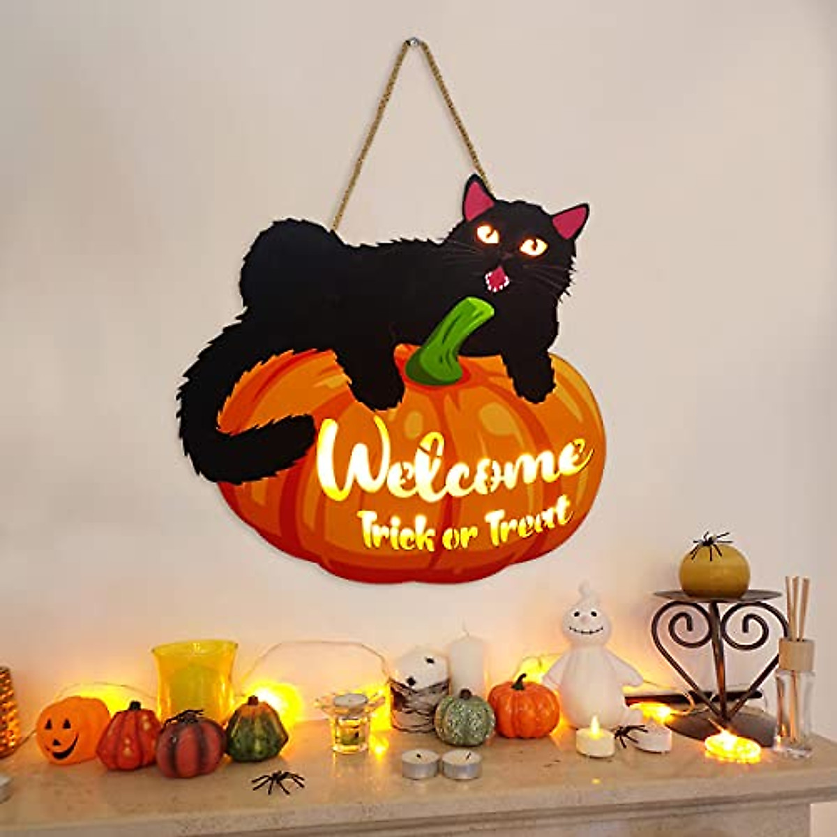 Halloween Decorations, Trick or Treat Sign for Front Door Decor with Light, Wooden Door Hanging Decor with black cat on pumpkin for Home Office School Party Haunted House