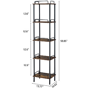 Gewudraw 5-Tier Tall Bookshelf, Narrow Bookcase with guardrail, Freestanding Storage Stand Display Rack for Living Room, Bedroom, Home Office, 11 x 14 x 59 Inches, Rustic Brown and Black