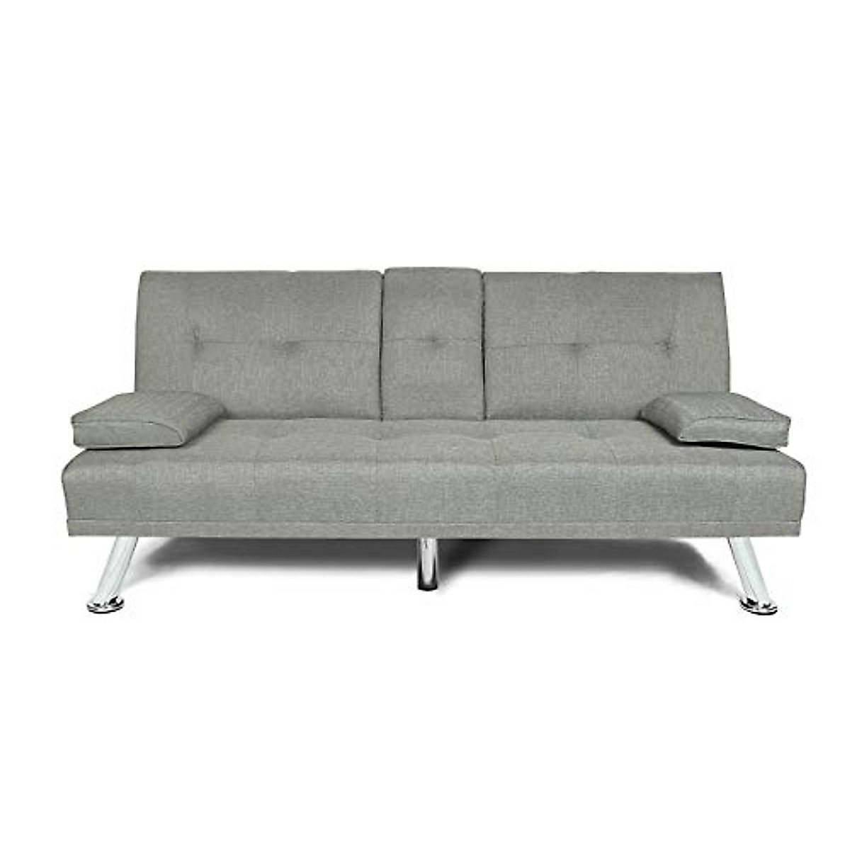 ERYE Upholstered Futon Sofa Sitting Space Loveseat Convertible Sleeper Couch Bed for Apartment Office Home Gym Living Room Furniture Sets Sofabed, Light Gray Linen Tufted Metal Legs with 2 Cupholders