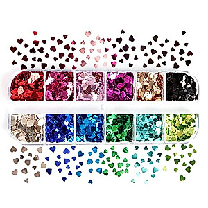 12 Grids 3D Heart Nail Glitter Sequins Holographic Laser Heart Nail Art Decals Love Nail Stickers Valentines Day Nail Glitter Flakes Red Silver Rose Gold Heart Glitter Design Nail Art Decoration