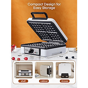 FOHERE Belgian Waffle Maker 4 Slices, 1200W Square Waffle Iron, 5 Browning Levels, Nonstick Plates, Cool-touch Handle, Anti-scald, Anti-overflow, Indicator Lights, Recipe, White